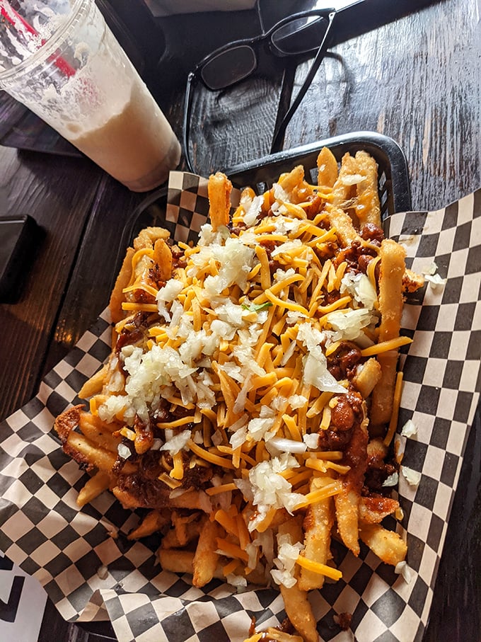 These loaded fries aren't just a side&mdash;they're the main event. Melted cheese, chili, and onions create a fork-worthy masterpiece.