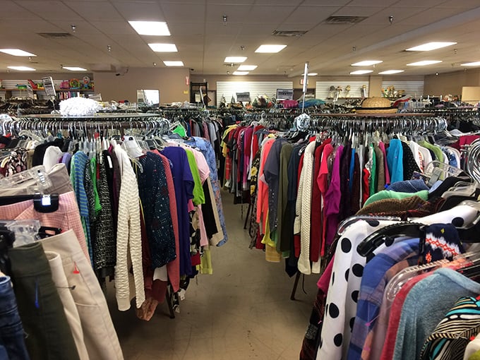 The clothing section: where fashion trends come full circle and yesterday's styles wait for tomorrow's vintage enthusiasts to discover them.