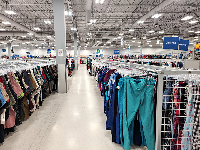 Rows upon rows of previously-loved pants, shirts, and dresses await their second chance. Marie Kondo's nightmare is your wardrobe's dream come true.