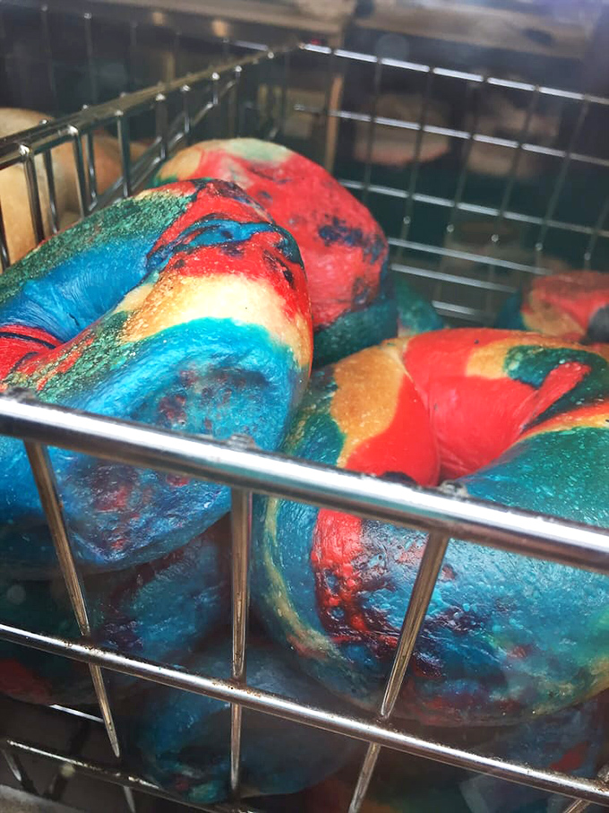 Rainbow bagels that look like they were designed by a hungry artist after visiting a color factory. Taste the rainbow, literally.