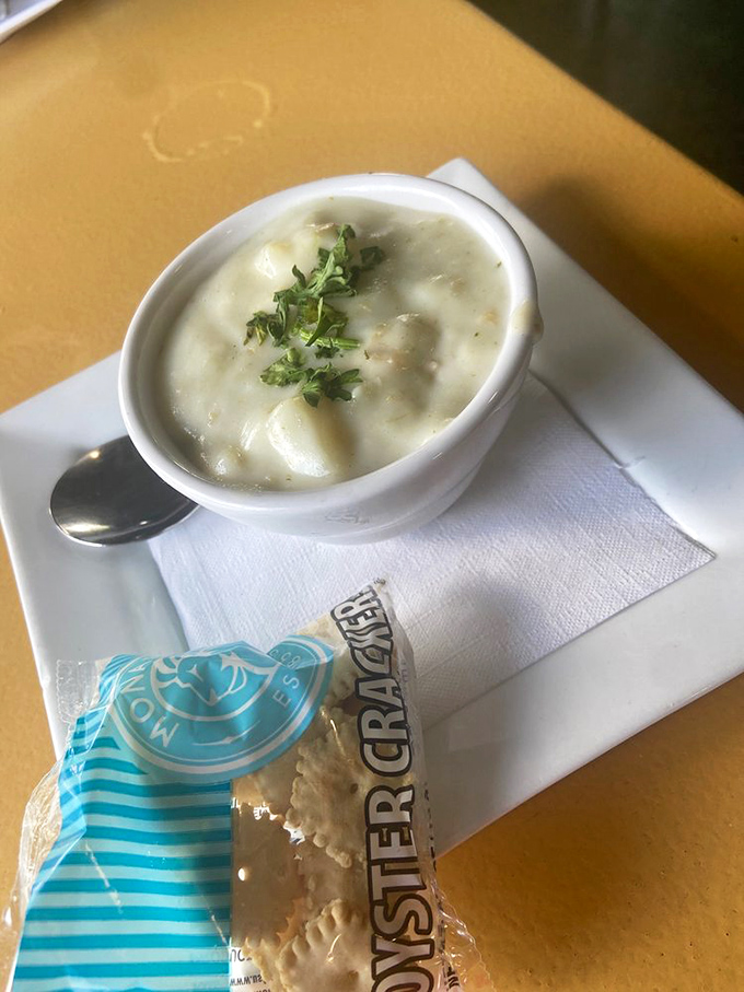 This cup of clam chowder with oyster crackers is like a warm hug from the Atlantic Ocean itself.
