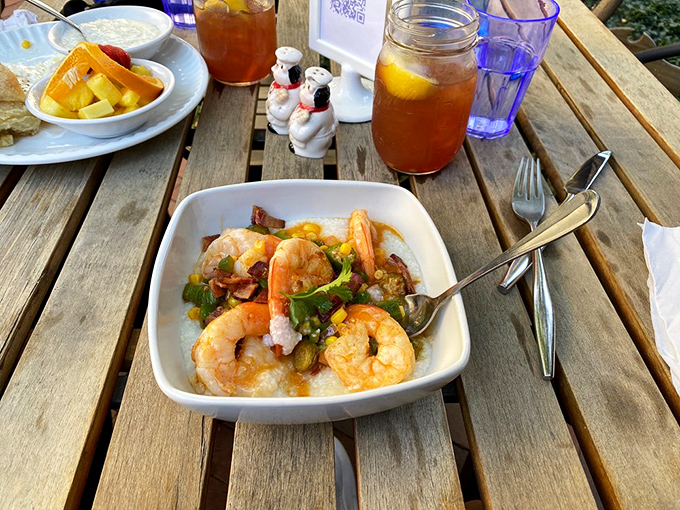Outdoor dining with shrimp and grits&mdash;because vitamin D and vitamin "Delicious" make the perfect pairing on a sunny Colorado day.