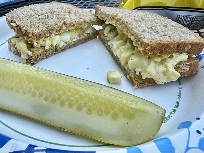 The humble egg salad sandwich proves that simplicity still reigns supreme, especially when accompanied by a pickle spear standing guard like a delicious sentinel.