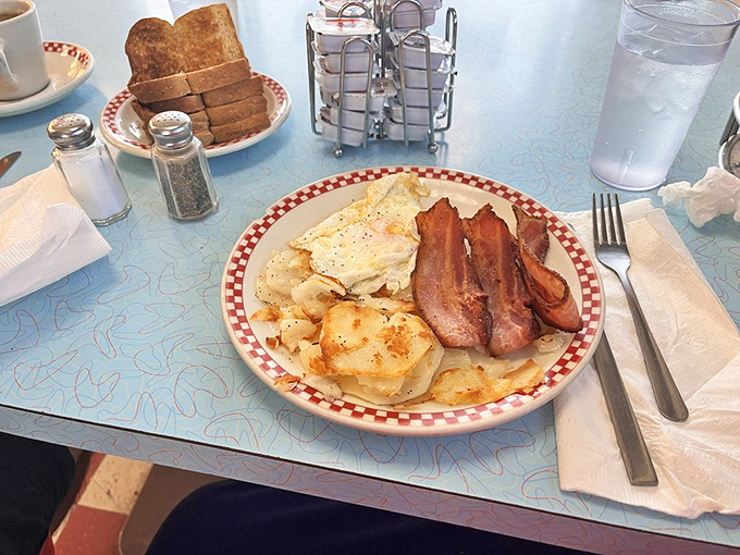 The breakfast trinity &ndash; crispy bacon, perfectly cooked eggs, and hash browns that crackle like autumn leaves with each delicious bite.
