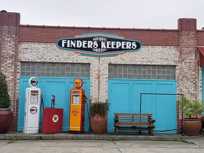 Finders Keepers Antiques sports vintage gas pumps and a turquoise facade that screams "treasures inside!" Your wallet may not thank you.