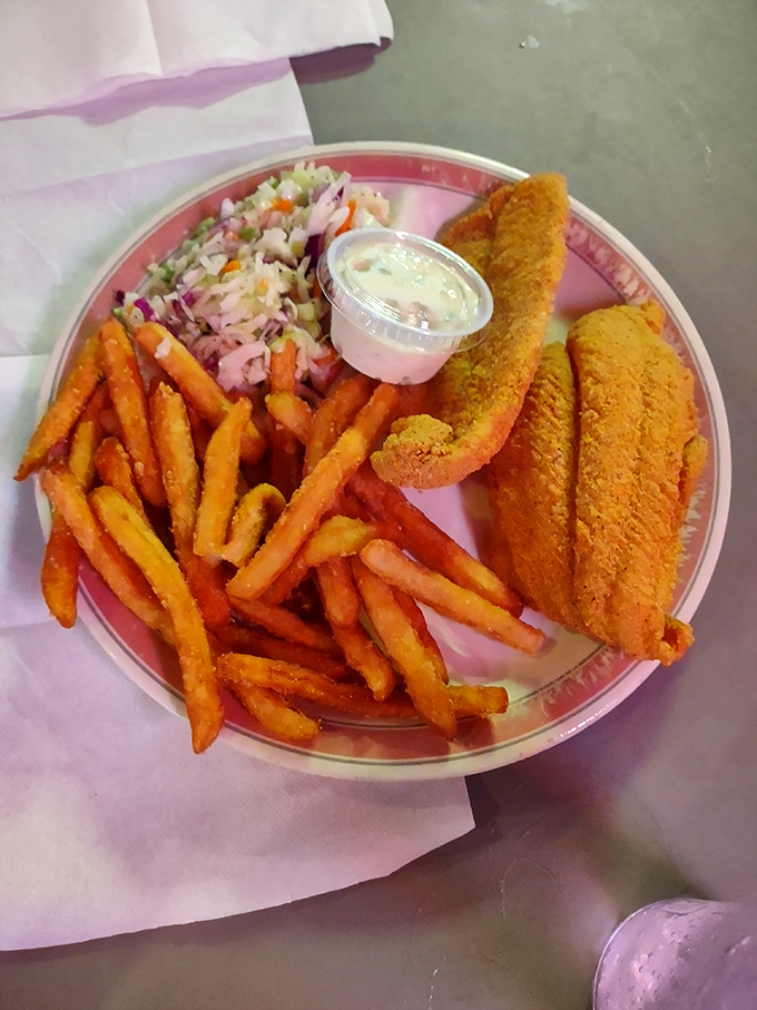 The holy trinity of satisfaction: golden catfish fillets, crispy fries, and tangy coleslaw &ndash; a plate that speaks the universal language of deliciousness.