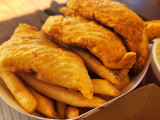 Golden-battered fish and chips that would make a British pub jealous. The perfect crunch gives way to flaky white fish that practically high-fives your taste buds.