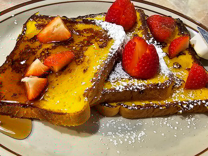 French toast that manages to be both custardy inside and perfectly caramelized outside&mdash;the strawberries are just showing off at this point.