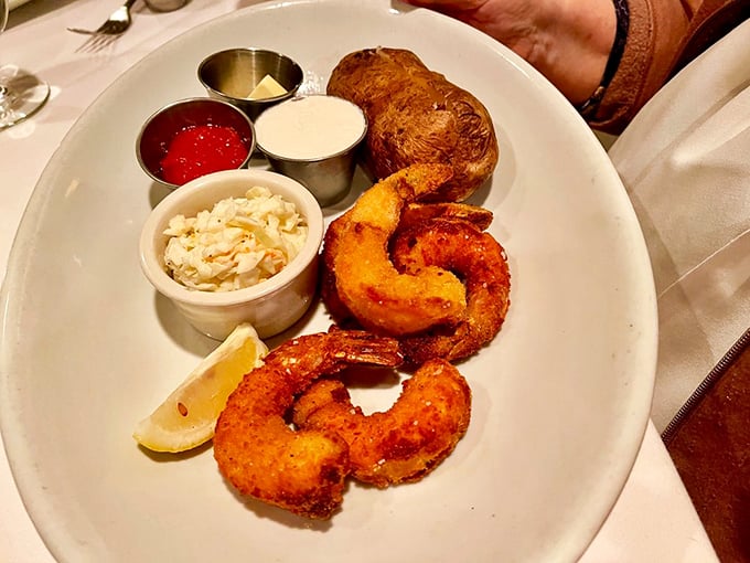 Fried jumbo shrimp that crackle with golden perfection. The seafood equivalent of finding an extra twenty in your winter coat.
