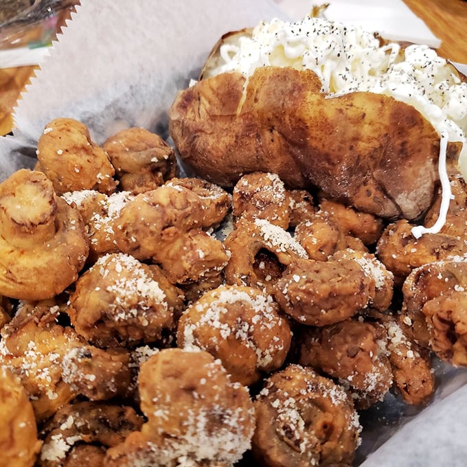 Fried mushrooms dusted with parmesan&mdash;proof that vegetables can be convinced to abandon their health food status for something greater.