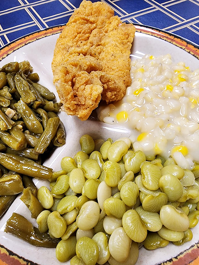 The Southern plate that launched a thousand food comas. Green beans, lima beans, fried fish, and creamed corn&mdash;a quartet playing perfect harmony on your taste buds.