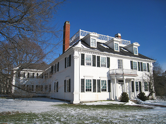 The Governor John Langdon House stands pristine in winter white, a colonial mansion that whispers, "Yes, shipping merchants did quite well for themselves, thank you."