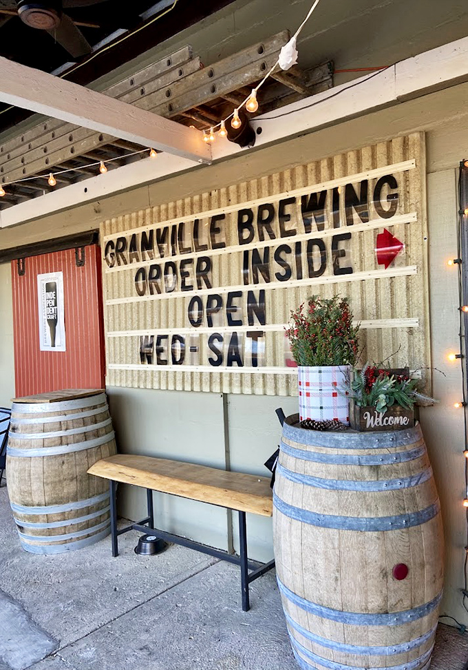 Granville Brewing's rustic barrel welcome station says everything you need to know—good things come in wooden packages, especially when they're fermented.