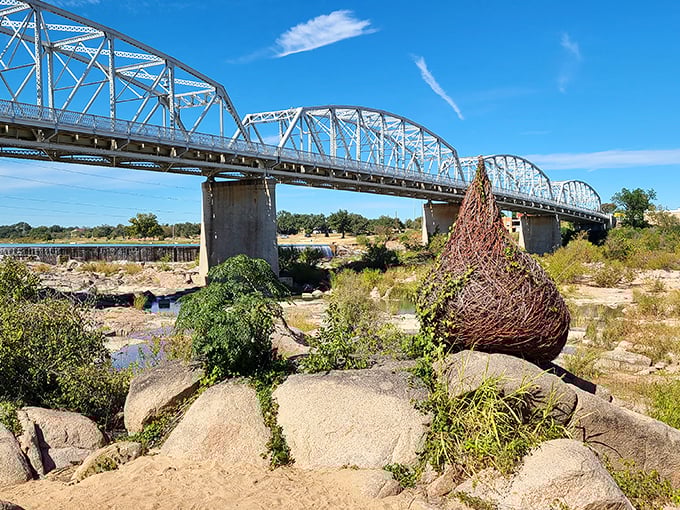 At Grenwelge Park, nature and art collide beautifully—the sculptural nest beneath the bridge proves creativity flows as freely as the Llano River itself.