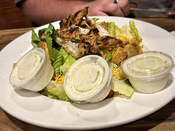 When land meets sea on a bed of crisp greens. This grilled chicken salad proves Fisherman's Wharf isn't just about seafood.
