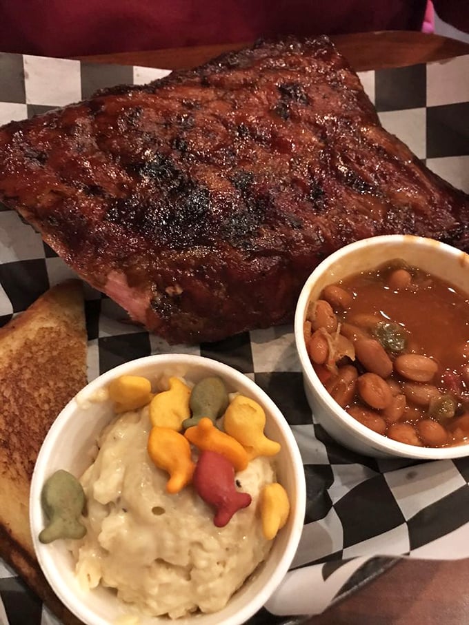 A barbecue plate that hits all the right notes&mdash;smoky, savory, sweet, and tangy. The Goldfish in the mac and cheese? Pure genius.