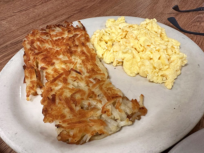Those hash browns deserve their own fan club&mdash;crispy exterior, tender inside. Paired with eggs that somehow look exactly like the ones in your breakfast dreams.