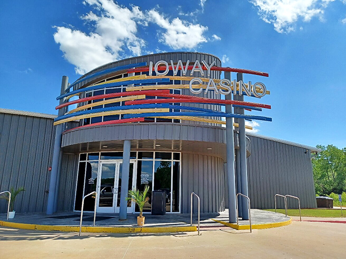 The Ioway Casino's bold, modern architecture stands as a colorful contrast to Chandler's vintage buildings, offering contemporary entertainment with Route 66 flair.