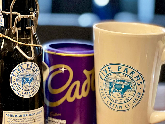 Five Farms Irish Cream alongside Cadbury's hot chocolate&mdash;a pairing that makes you wonder why you ever bothered with plain coffee. Adult beverages with childhood nostalgia.