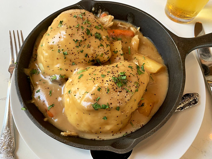 Chicken and dumplings that would make your grandmother both jealous and proud &ndash; comfort in a cast iron skillet that warms you from the inside out.