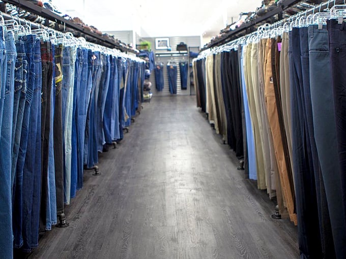 The denim canyon, where jeans from every decade wait for their comeback. Fashion's most democratic garment, democratically priced.