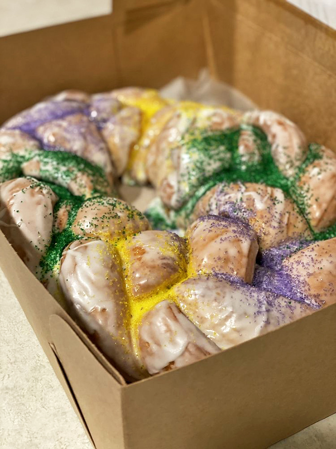 Mardi Gras in pastry form! This festive king cake with purple, green, and gold sprinkles brings New Orleans carnival spirit to Hot Springs.