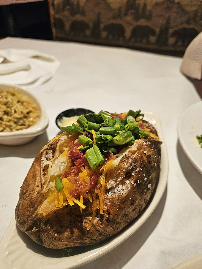 A baked potato dressed for its own red carpet event. The green onions are just there to add a pop of color to the decadence.