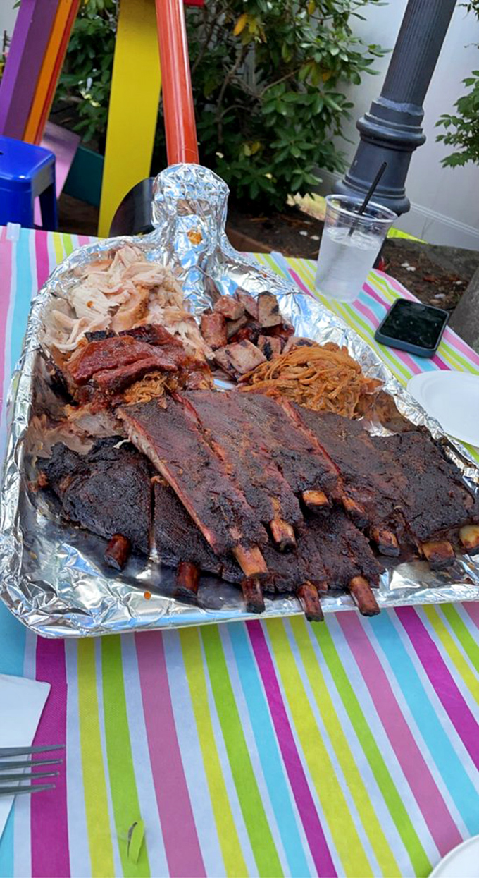 When your takeout tray looks like this, you know you've made excellent life choices. The foil-wrapped feast is portable happiness.