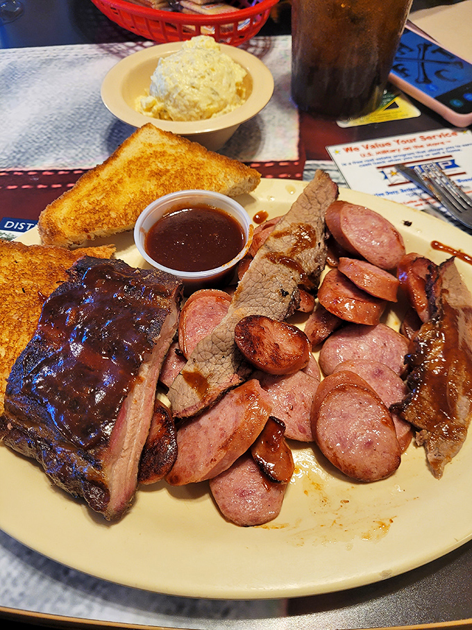 The carnivore's dream realized&mdash;a plate where vegetables dare not tread. Those sausage slices are practically winking at you, saying "you made the right choice."
