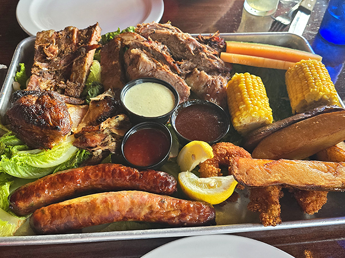 The Cowboy Platter: where multiple food groups come together like the Avengers of protein. Even Captain America would need a to-go box.