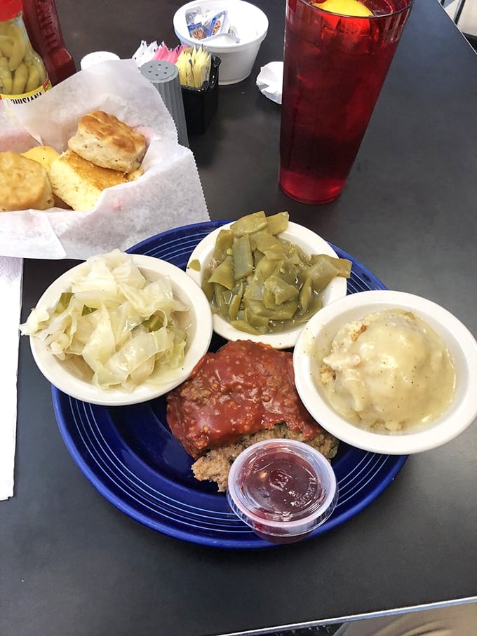 Meatloaf that doesn't apologize for being meatloaf, with cabbage and green beans cooked low and slow&mdash;the way vegetables were meant to be enjoyed.