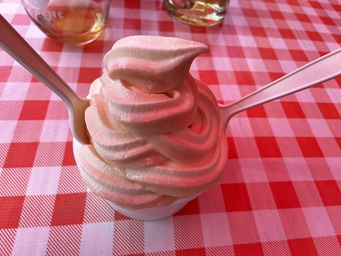 The twist soft serve isn't just dessert&mdash;it's a swirled masterpiece of vanilla and what appears to be peach, bringing a sweet finale to your meal.