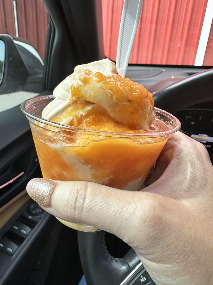 Peach cobbler &agrave; la mode enjoyed in the car&mdash;because sometimes dessert is too urgent to wait for a proper table.