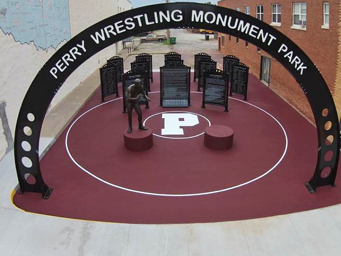 Perry Wrestling Monument Park celebrates local legends with the reverence other towns might reserve for founding fathers. These mats made champions!