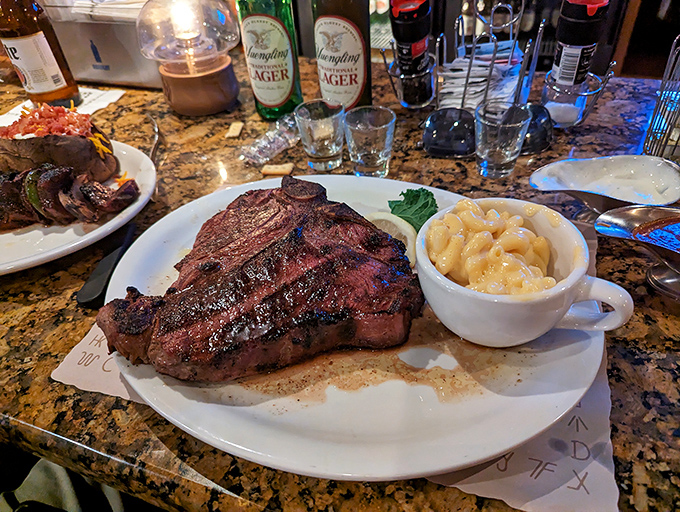 This T-bone doesn't just occupy the plate&mdash;it commands it. Paired with creamy mac and cheese, it's the comfort food equivalent of a bear hug from your favorite uncle.