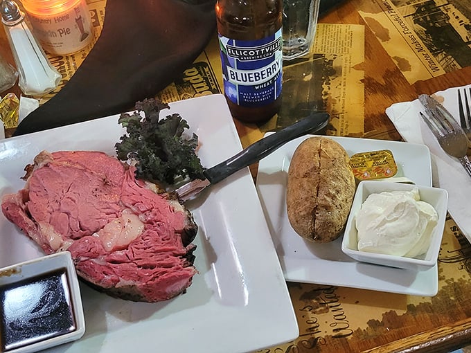 A prime rib so perfectly cooked it makes you wonder if the chef has some sort of bovine telepathy. The baked potato isn't jealous—it understands.