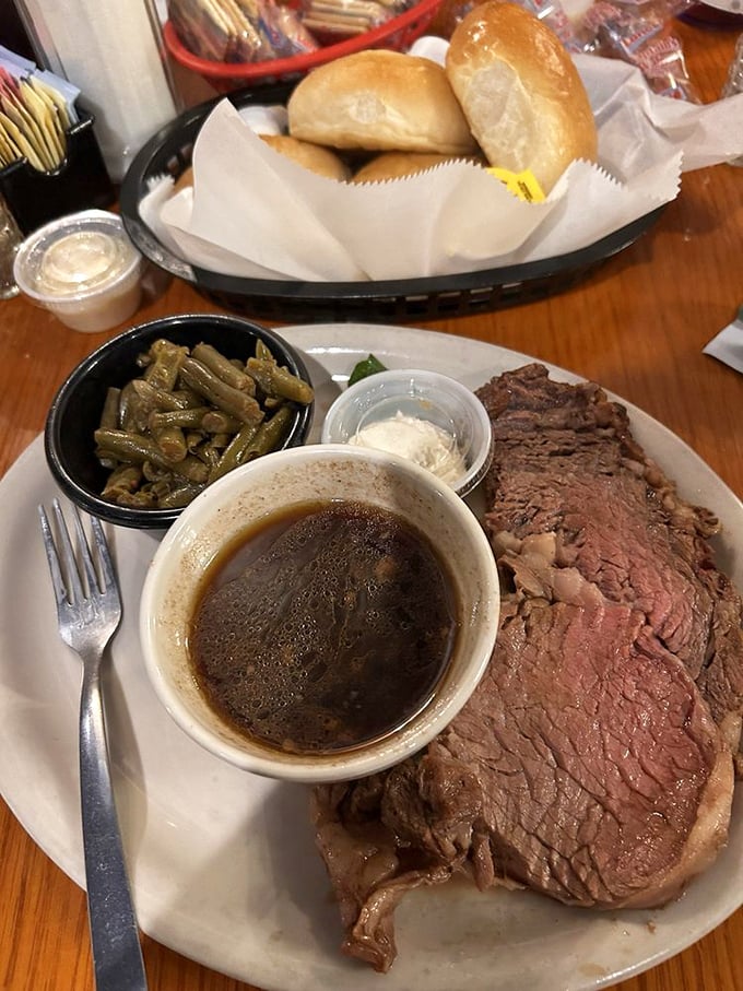 Prime rib that doesn't need a fancy steakhouse setting&mdash;just green beans cooked Southern-style and a basket of rolls for sopping up the jus. 