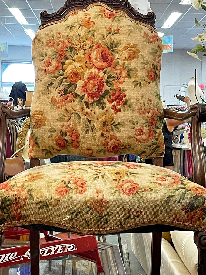 A floral-upholstered throne fit for royalty on a budget – Marie Antoinette would approve, though she'd never admit shopping secondhand.