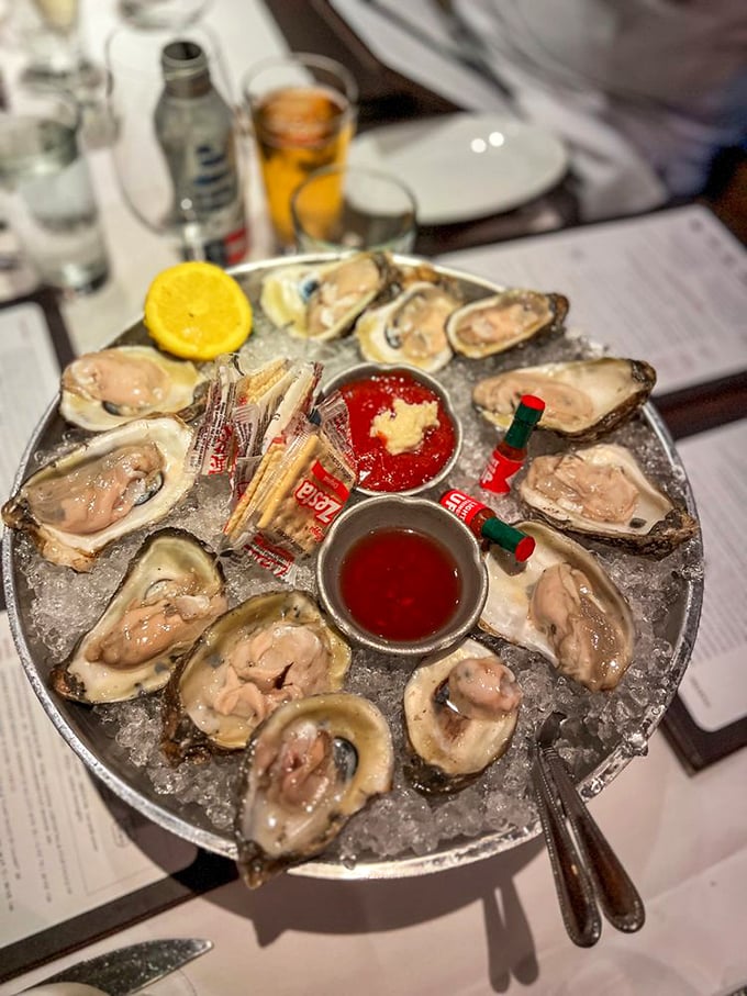 Ocean treasures on ice. These briny beauties arrive with all the traditional accoutrements, ready to slide down your throat like nature's perfect appetizer.