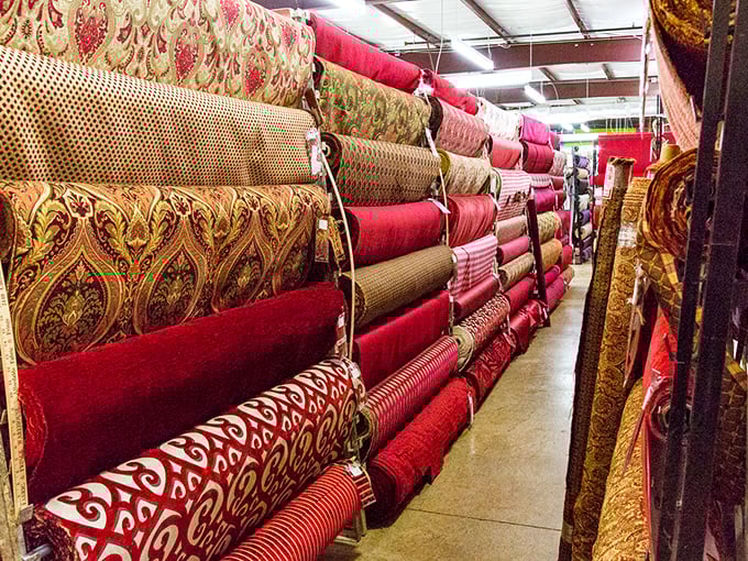 The red fabric section: where subtlety goes to die and boldness comes to thrive. These patterns practically demand attention.