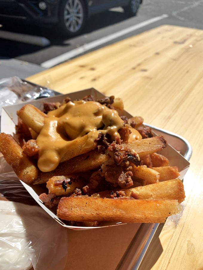 French fries living their best life under a blanket of savory cheese sauce and pastrami. Diet culture's worst nightmare, your taste buds' dream come true.