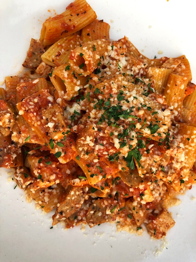 Rigatoni that doesn't just hold the sauce&mdash;it embraces it like long-lost family, with each tube hiding a perfect portion of that rich tomato cream.