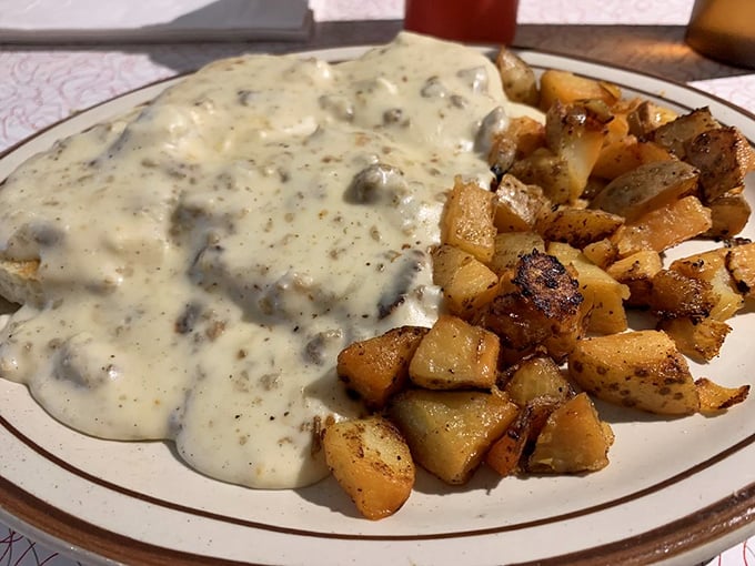 Sausage gravy blankets its territory like a delicious fog, while golden home fries stand ready for their supporting role in comfort food theater.
