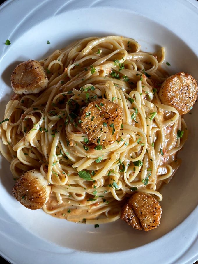Perfectly seared scallops crown a pasta throne, creating a dish that would make Neptune himself abandon his underwater palace for a taste.