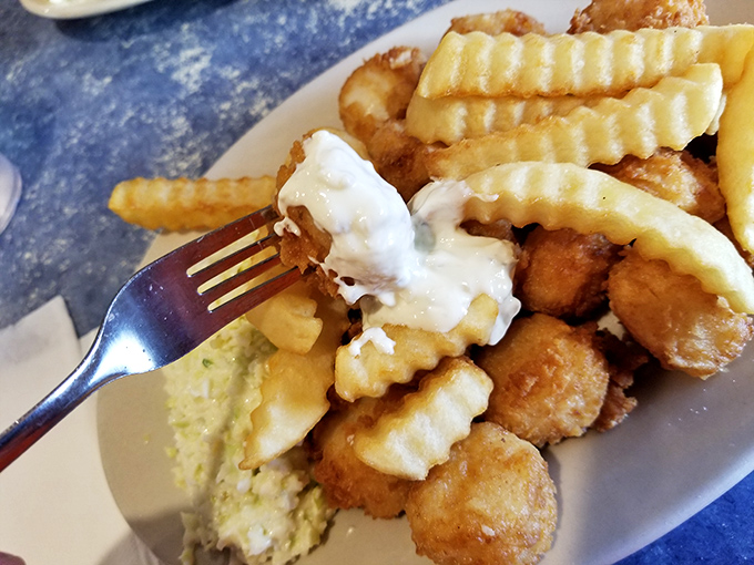 Scallops and crinkle-cut fries&mdash;the beach vacation romance that never disappoints. That tartar sauce dollop is the cherry on this seafood sundae.