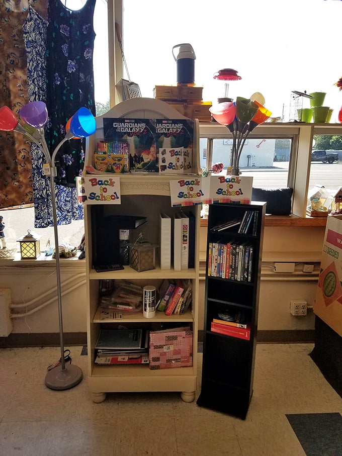 Back-to-school supplies and entertainment options share shelf space, proving thrift stores are the original one-stop shops.