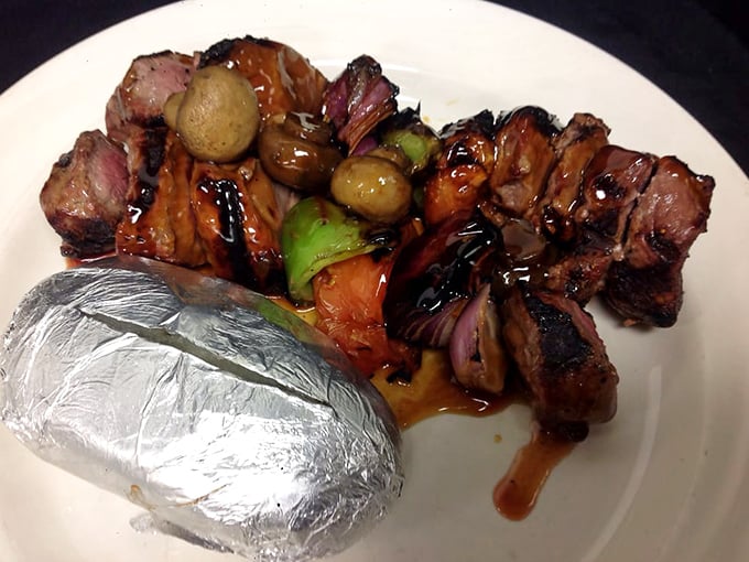 Shish-Ka-Bob elevated from backyard barbecue to artful composition. Those perfectly charred edges tell you everything you need to know.