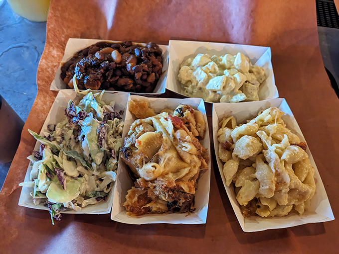 Side dishes that refuse to be overshadowed by the meat. Mac and cheese, potato salad, beans, and pickles&mdash;the supporting cast that steals scenes.