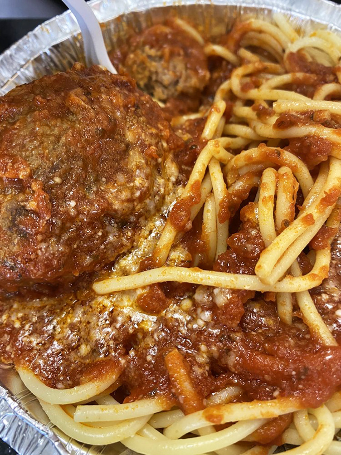 Spaghetti and meatball &ndash; singular, because one this magnificent is all you need. The sauce clings to each strand like it was destined for this moment.