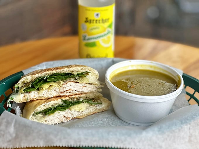 The Spring Chicken sandwich with soup is what comfort looks like if it decided to dress up for a casual Friday at the office.